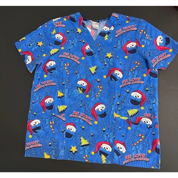 Sesame Street | Tops | Sesame Street Cookie Monster Santa Scrub Top ...